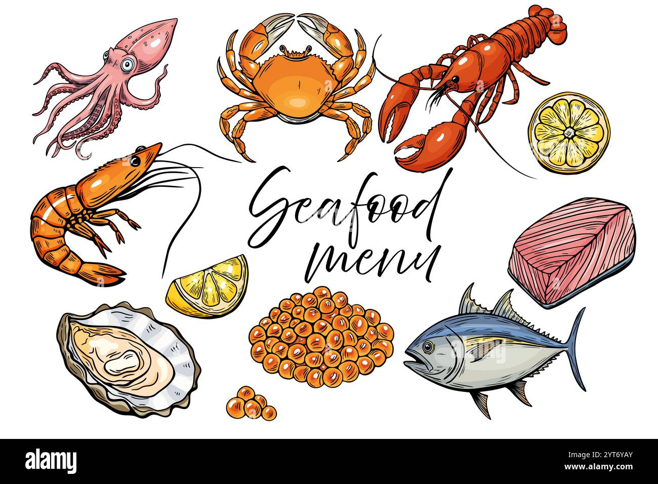 Seafood, set menu. Line drawing vector, Hand drawn food Stock Vector ...