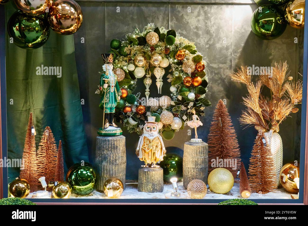 Christmas trees and decorations with festive window displays Stock ...