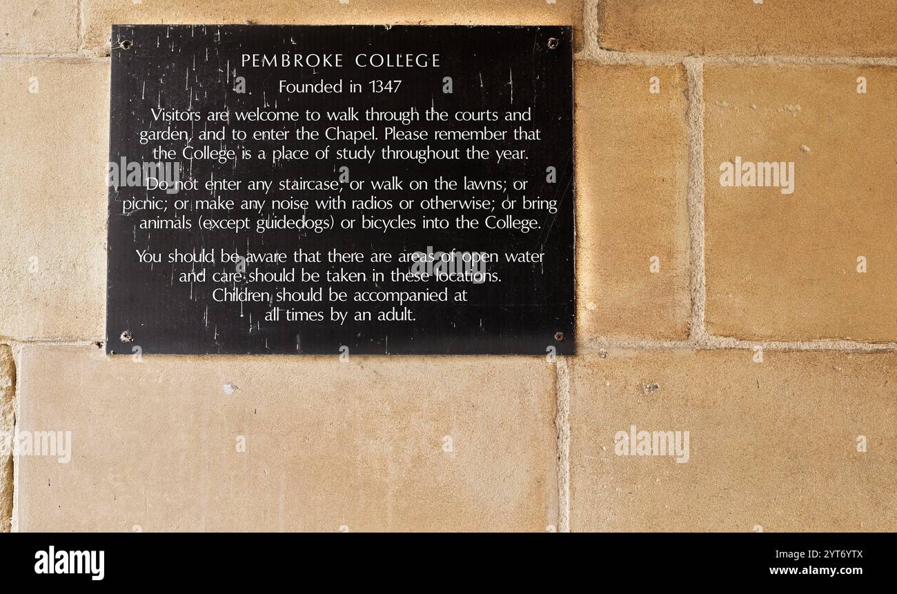 Notice on a wall at Pembroke College, founded 1347, University of ...