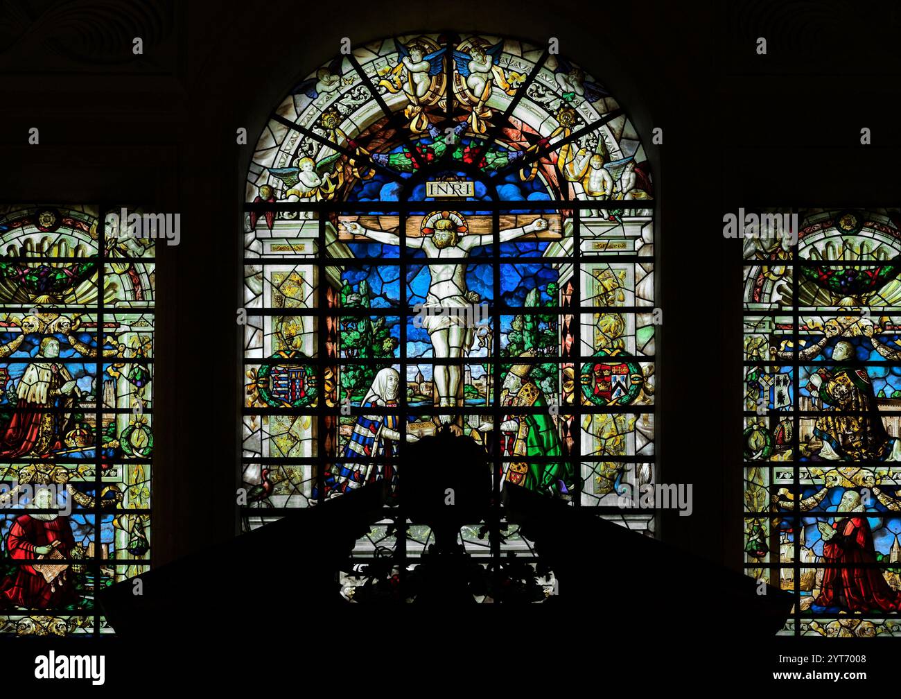 Stained glass window, of the crucifixion of Jesus Christ, in the chapel ...