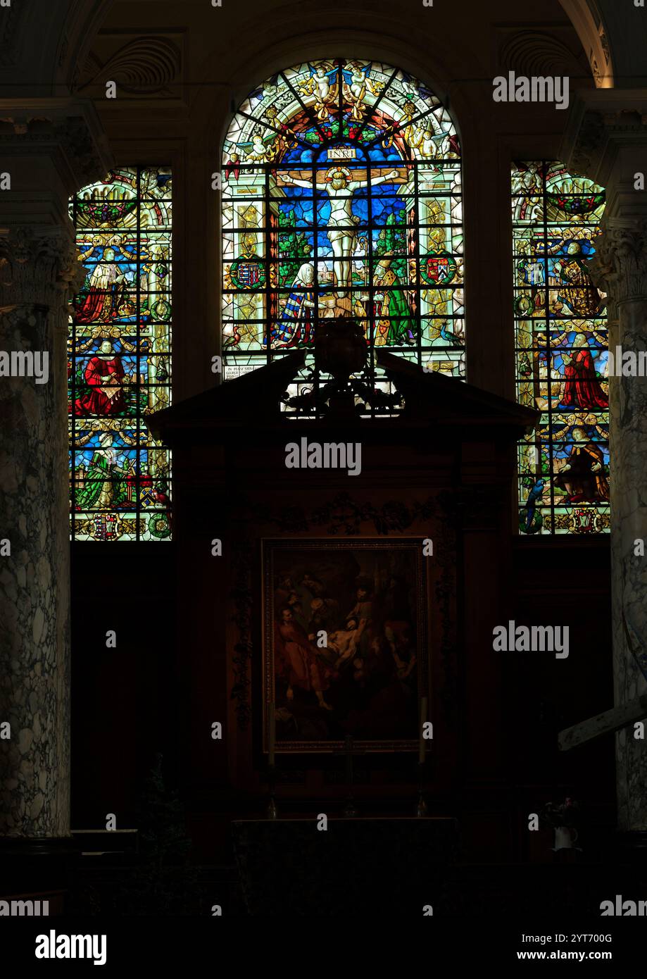 Stained glass window, of the crucifixion of Jesus Christ, in the chapel ...