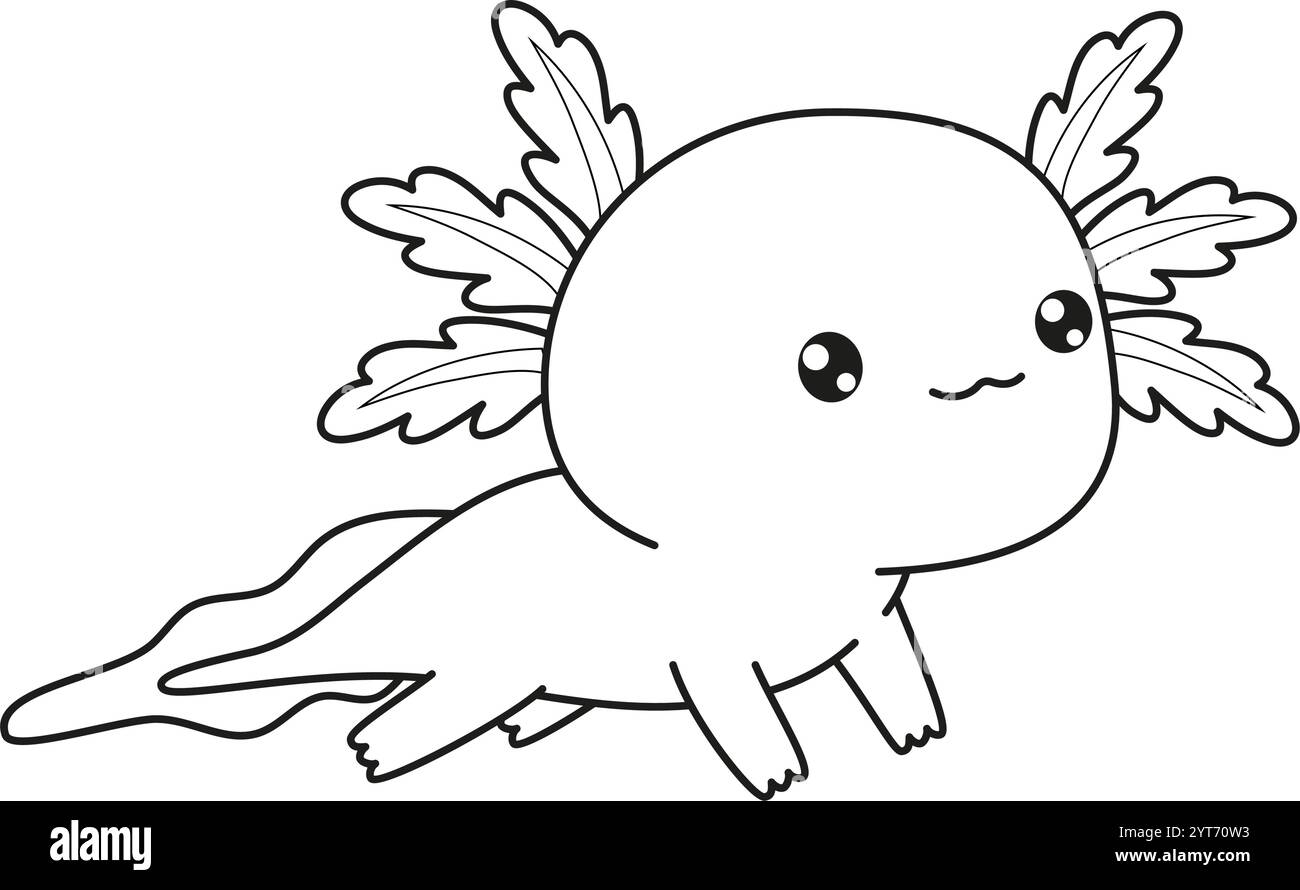 Outline Little cartoon Axolotl. Line drawing, coloring book. Vector ...