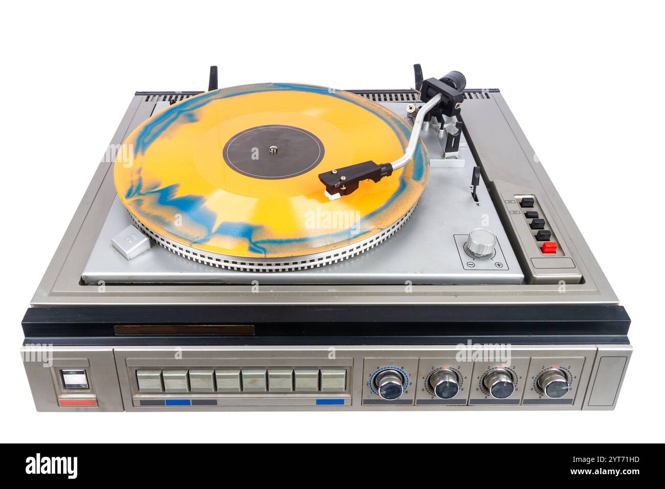 Vintage turntable record player with blue and orange vinyl isolated on ...