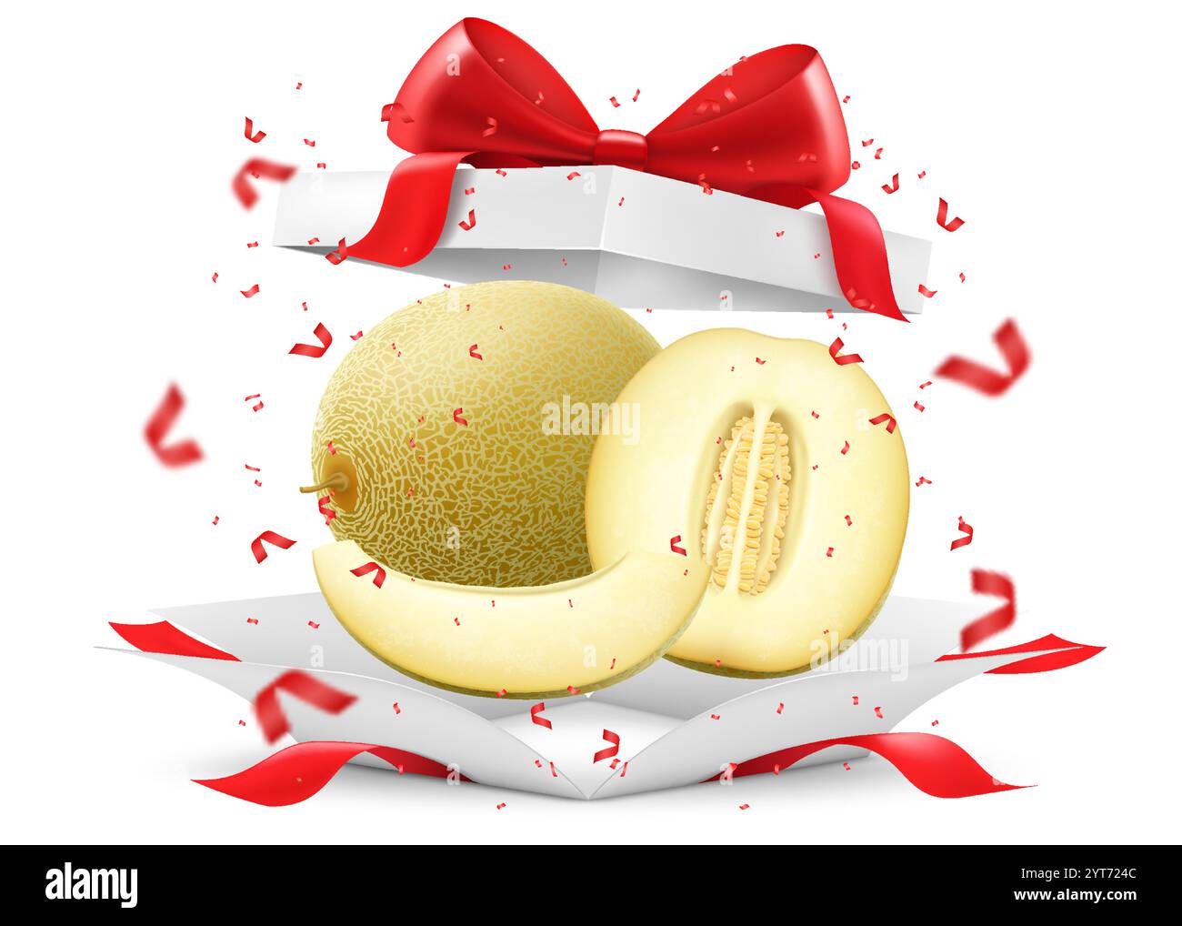 Fresh melon in open gift box with a red bow isolated on transparent ...
