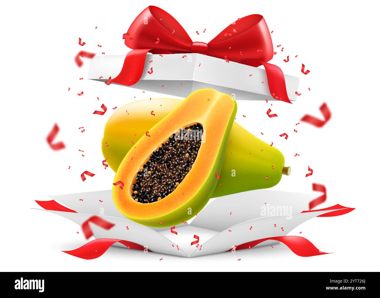 Papaya in open gift box with a red bow isolated on transparent ...