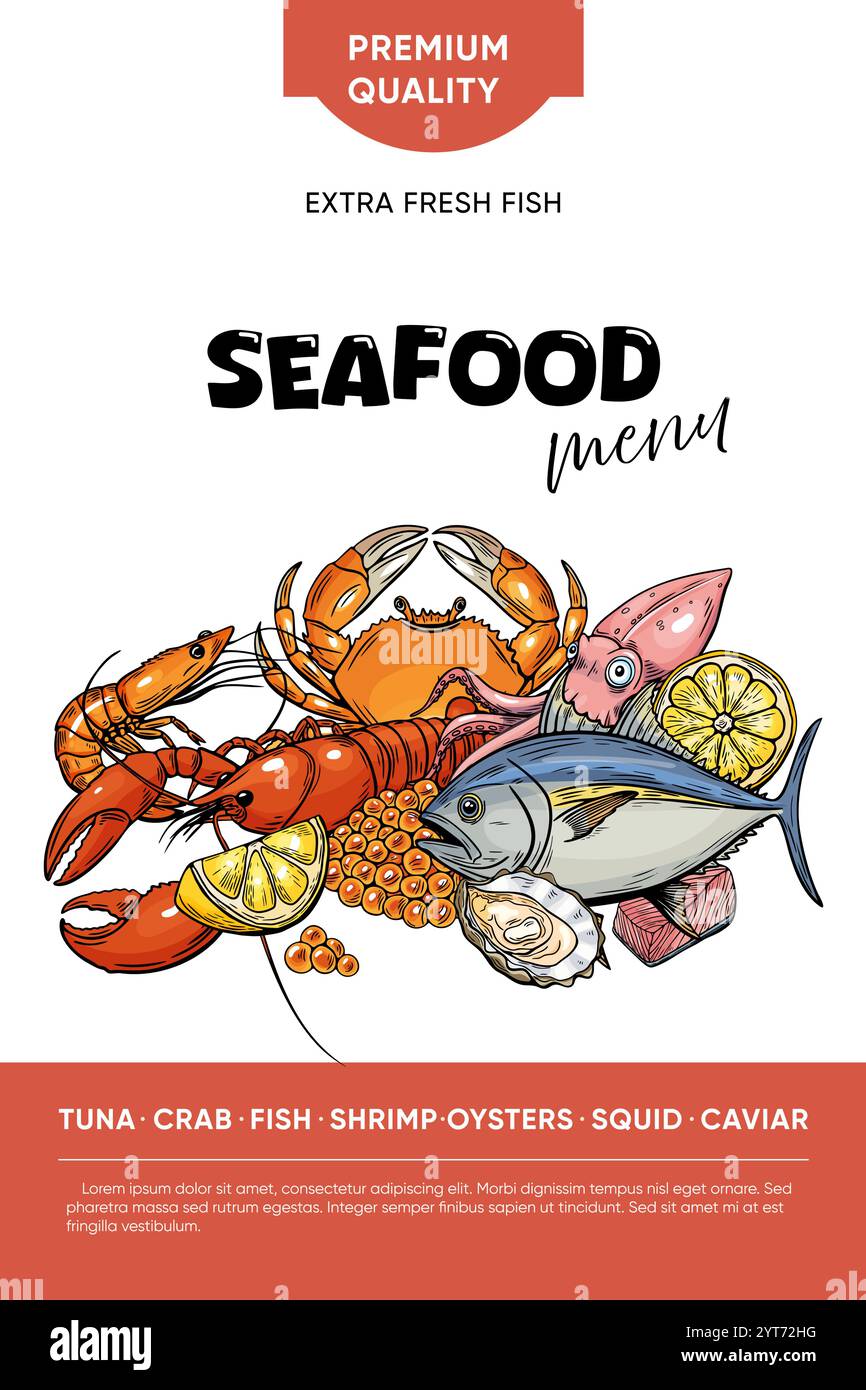 Seafood, poster, packaging, announcement. Line drawing engraving vector ...