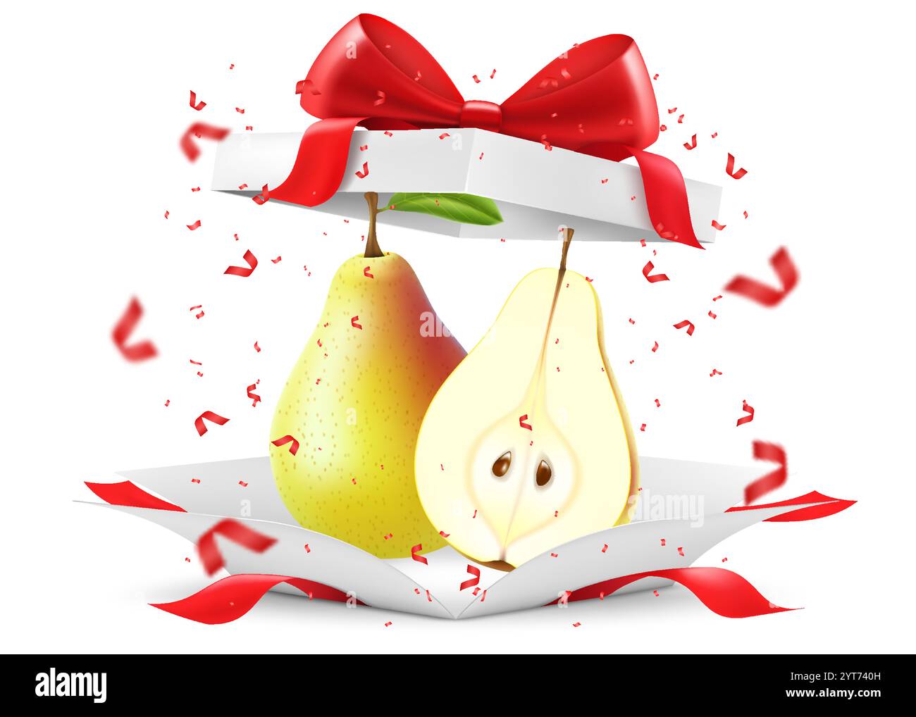 Ripe juicy pear in open gift box with a red bow isolated on transparent ...