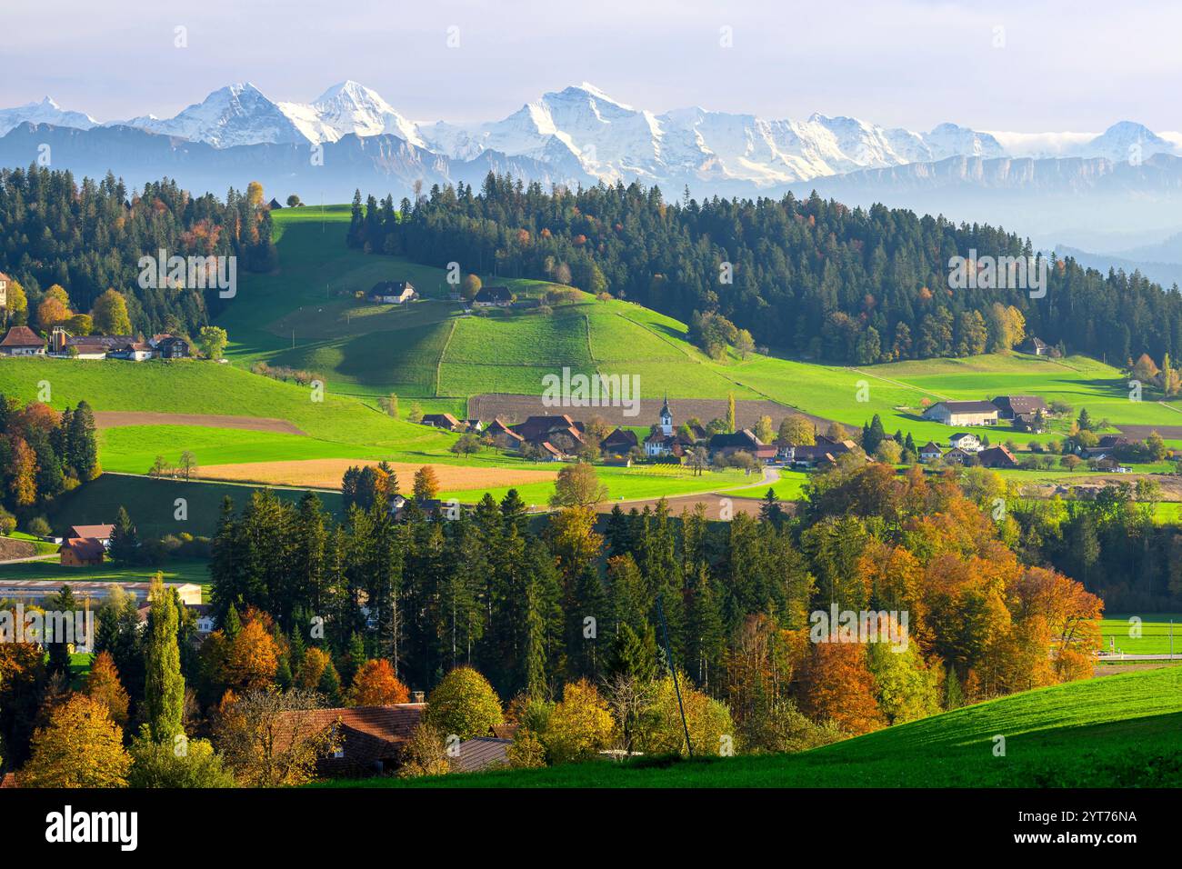 Swiss Alpine panorama with landscape in the Emmental. Bernese Oberland ...