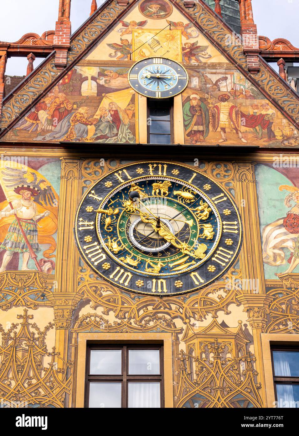 Astronomical clock on the frescoed facade of Ulm Town Hall, Renaissance ...