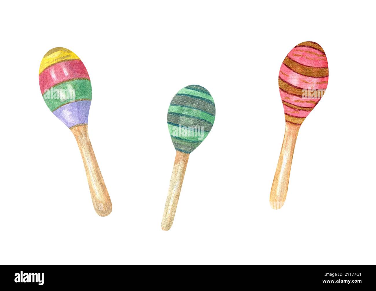 Three watercolor maracas with colorful striped ornaments illustration ...