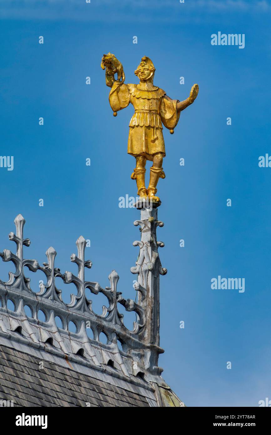 Ypres, the figure of the town jester on the roof ridge of the historic ...