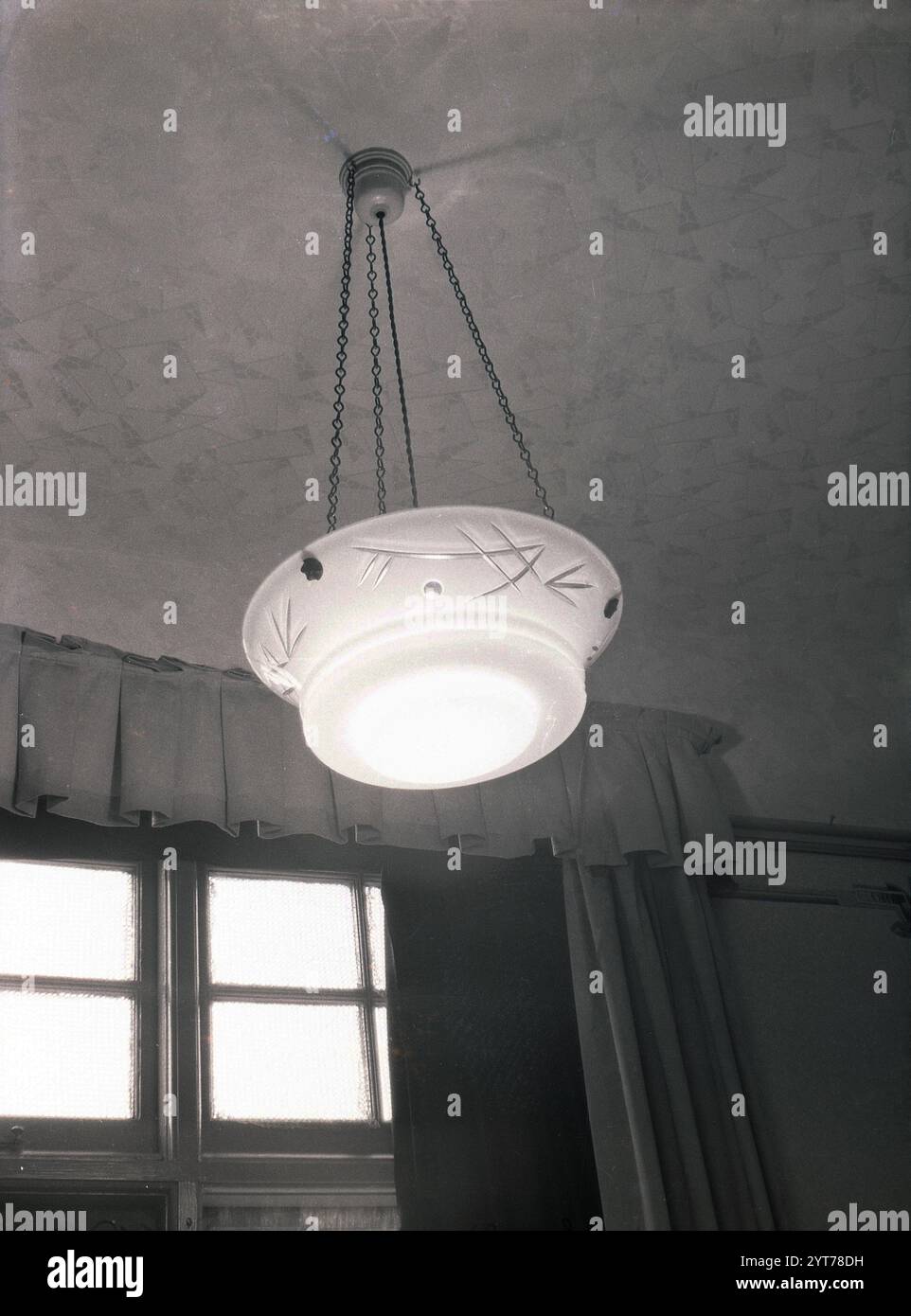 circa 1950s, room light, a ceramic ceiling light, hanging on chain ...