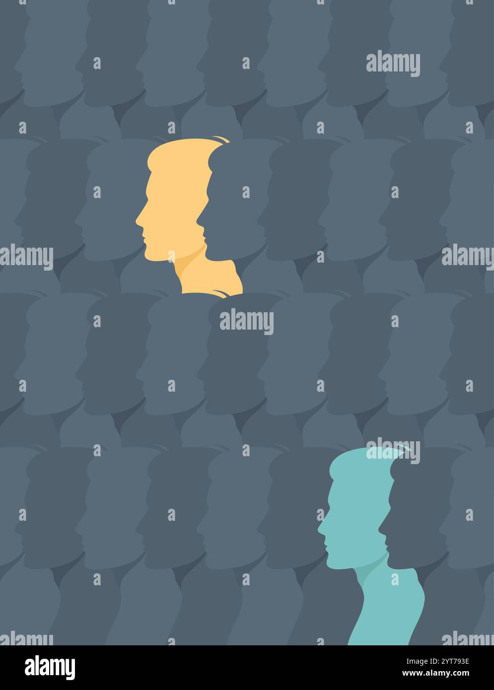 Yellow and green human profile silhouettes among the gray crowd. Vector ...