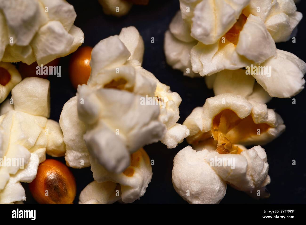 Macro photography of popped corns after microwave oven baked Stock ...