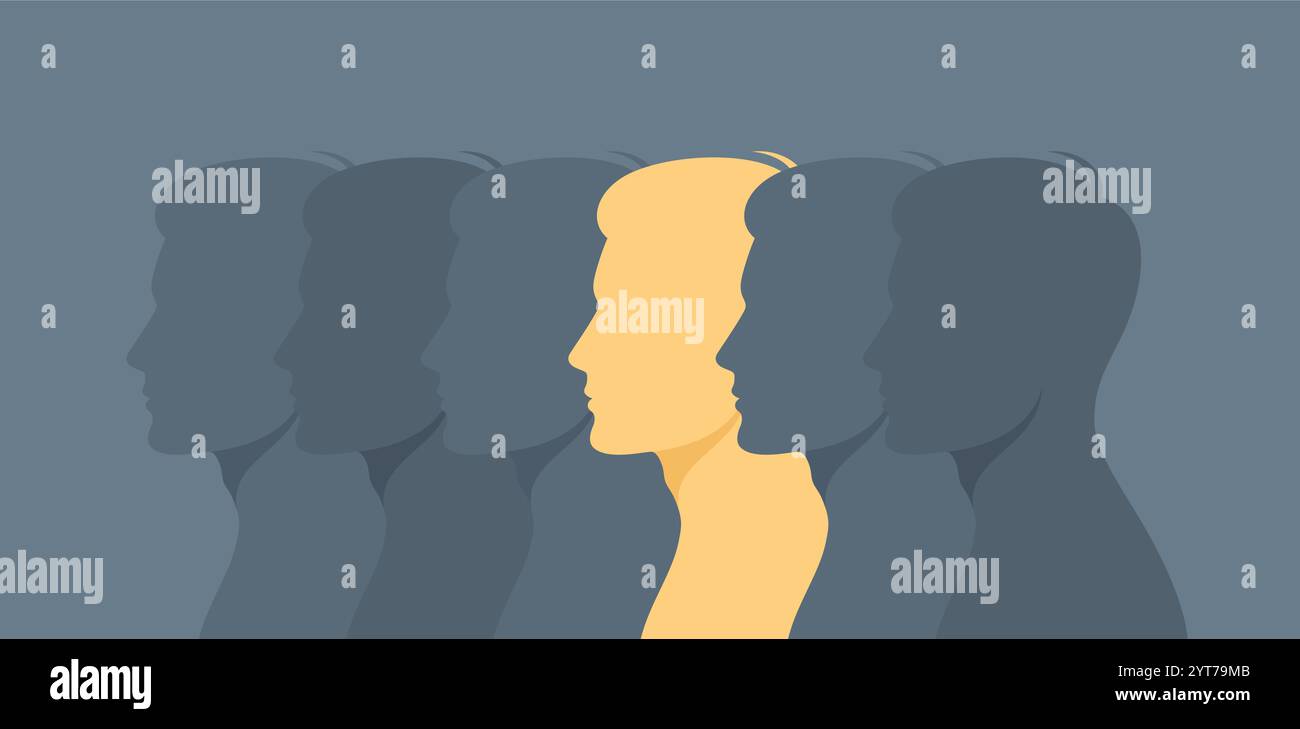 Gray men's side silhouettes with yellow one among them. Vector ...