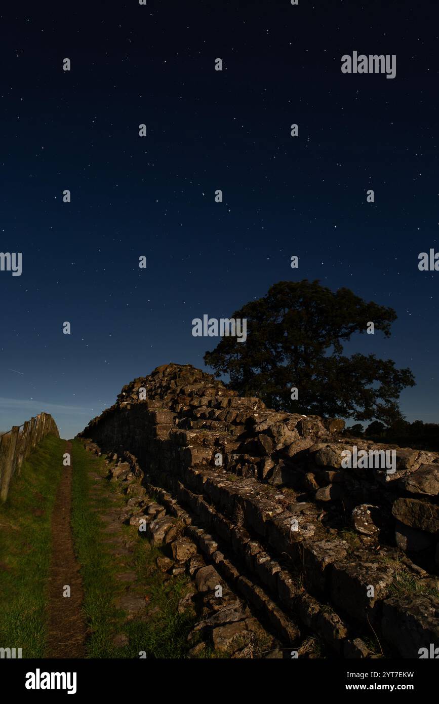 Hadrian's Wall at Willowford, near Gilsland, Cumbria, UK, lit by ...
