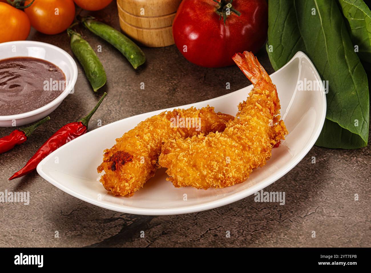 Crispy breaded golden fried prawns with sauce Stock Photo - Alamy