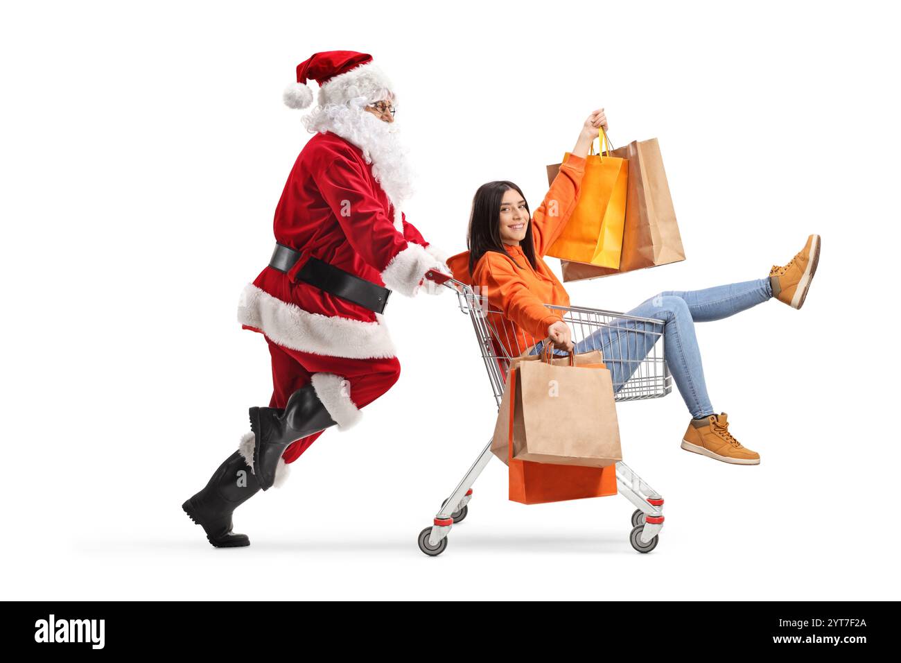 Santa Claus pushing a young female with shopping bags inside a shopping ...