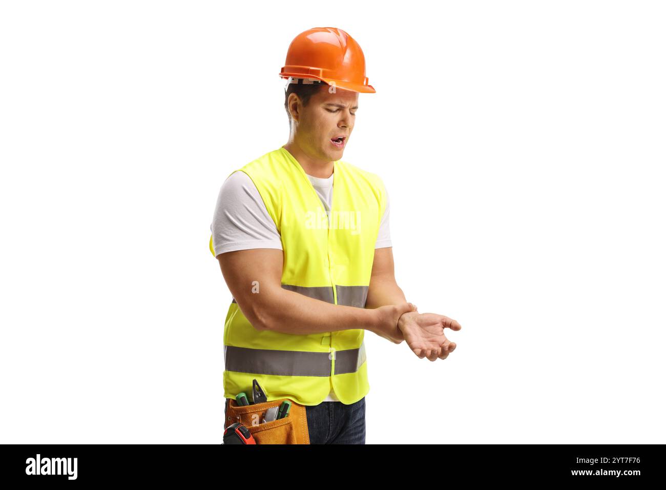 Construction worker with arm injury isolated on white background Stock ...