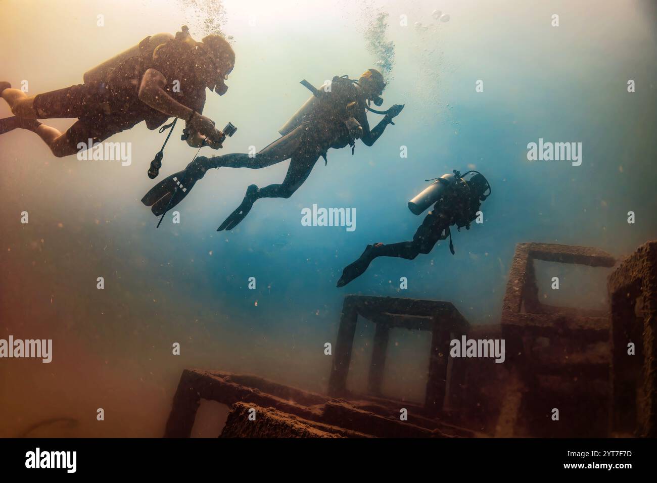 Three divers are swimming underwater, exploring new concrete ...