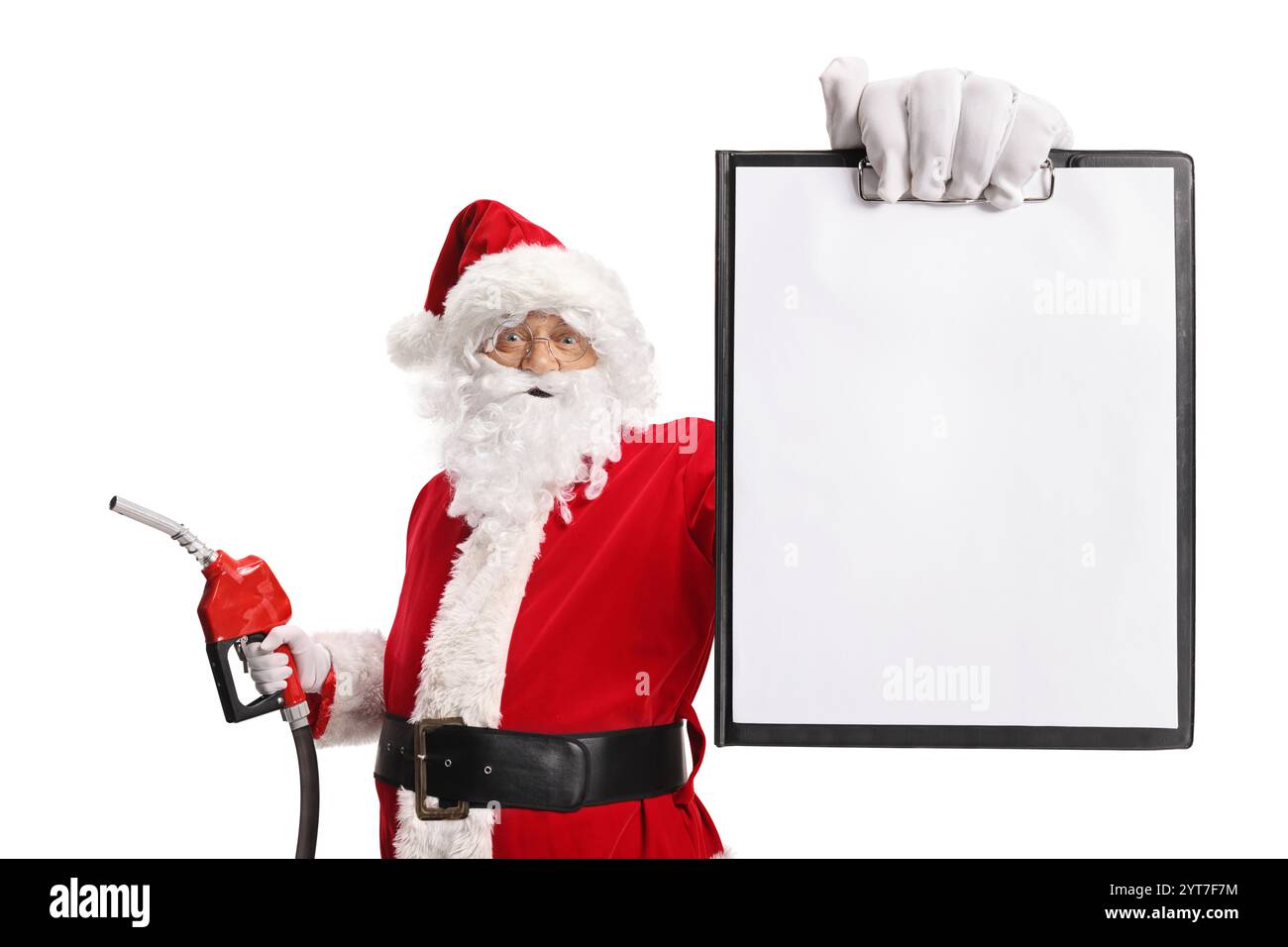 Santa Claus holding a fuel injection gun and a blank paper document ...