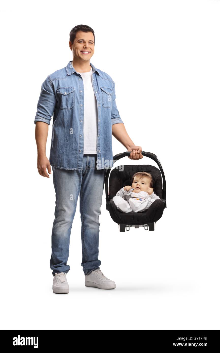 Father smiling and carrying a baby transporting carrier isolated on ...