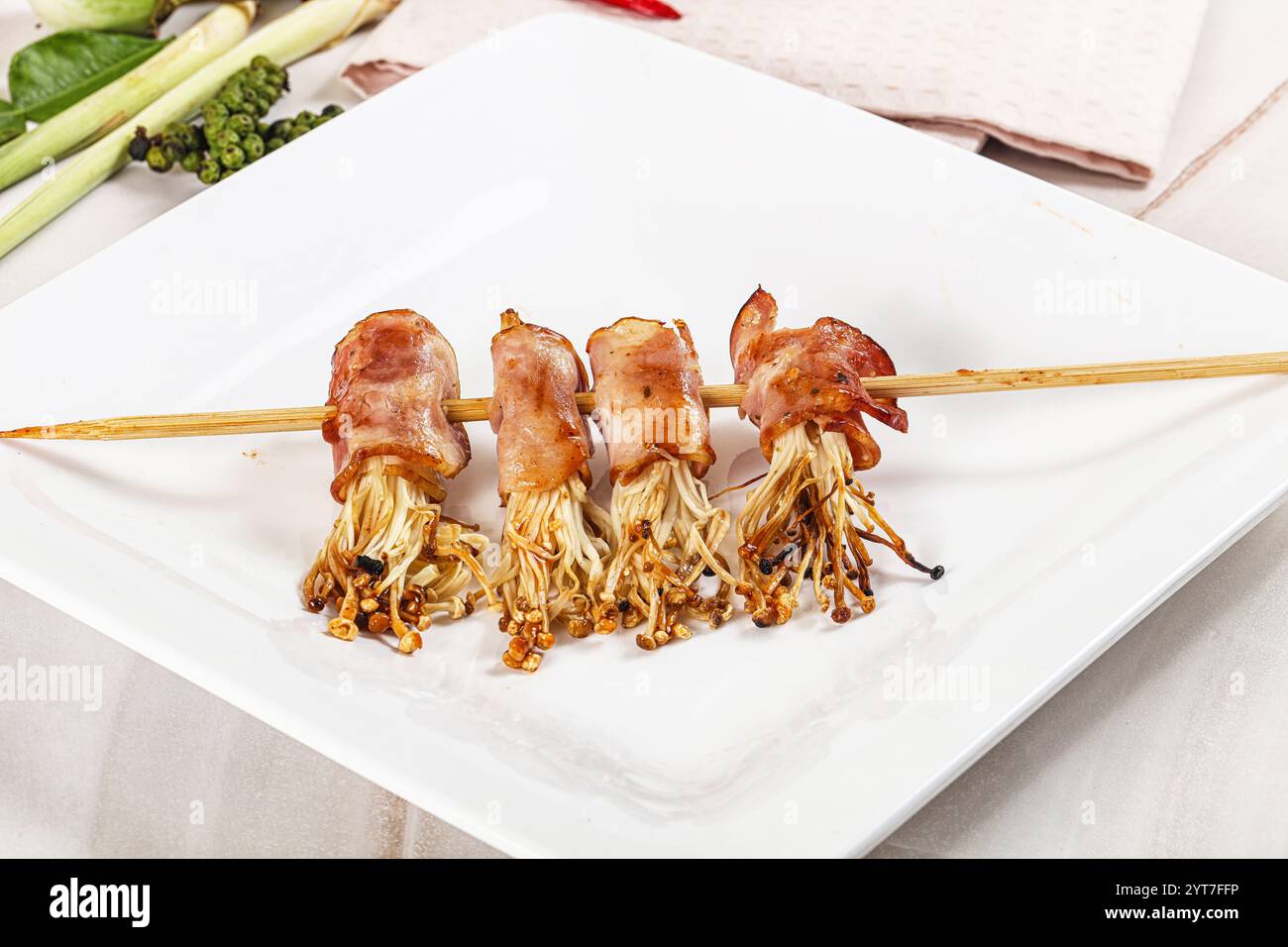 Thai Street foof satay with bacon and mushroom enoki skewer Stock Photo ...