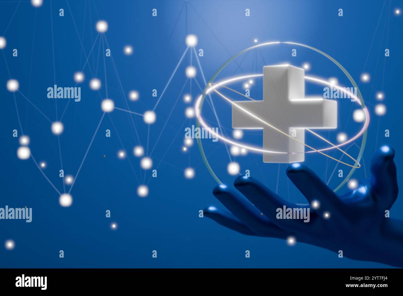 A hand holding a 3D medical cross symbol against a blue background ...