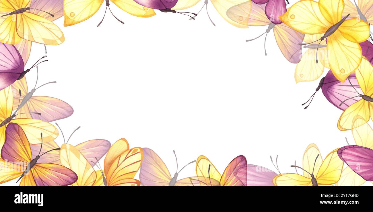 Horizontal frame with pretty spring yellow and lilac butterflies ...