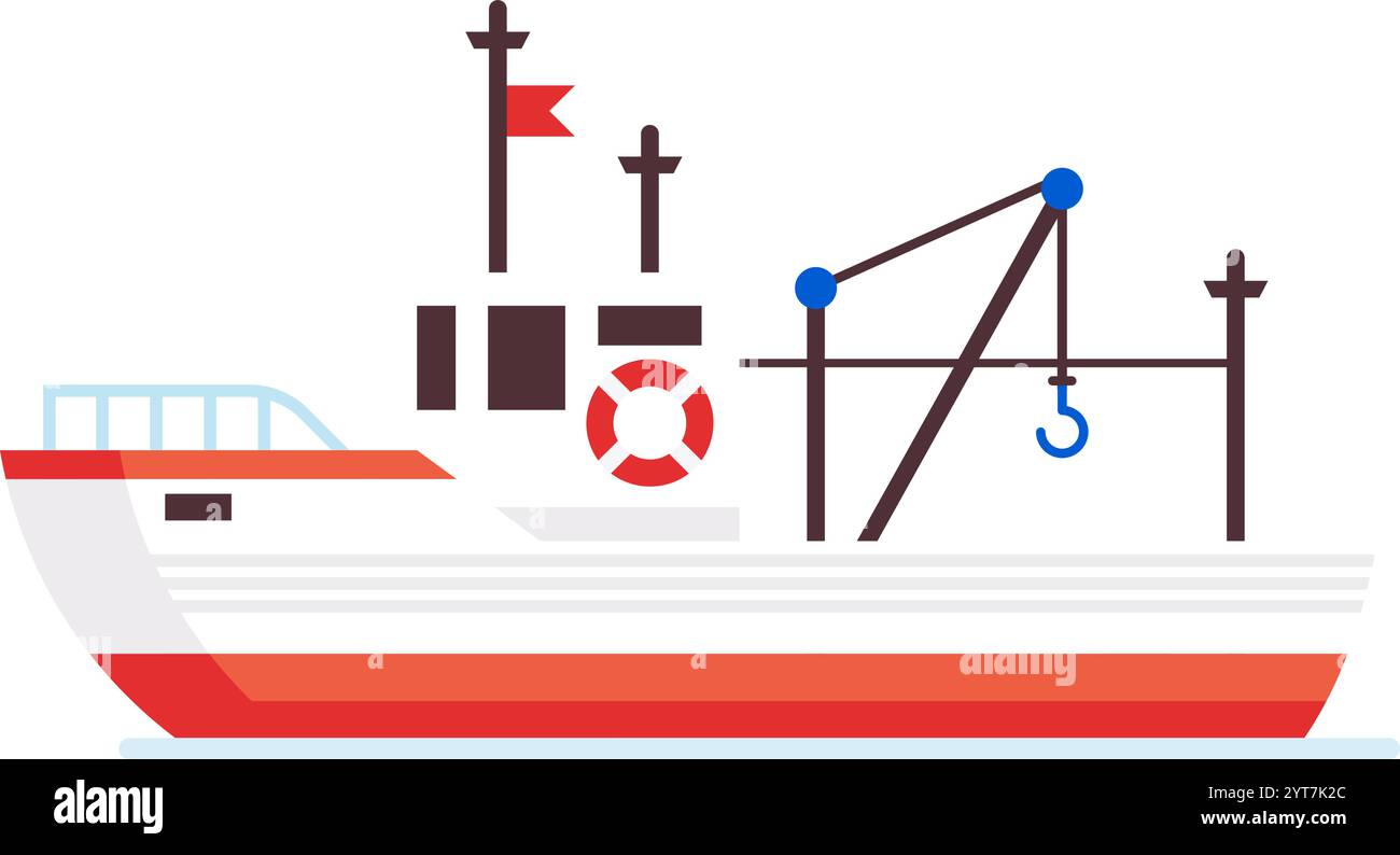 Fishing boat sailing on the sea, equipped with a crane and hook, ready ...