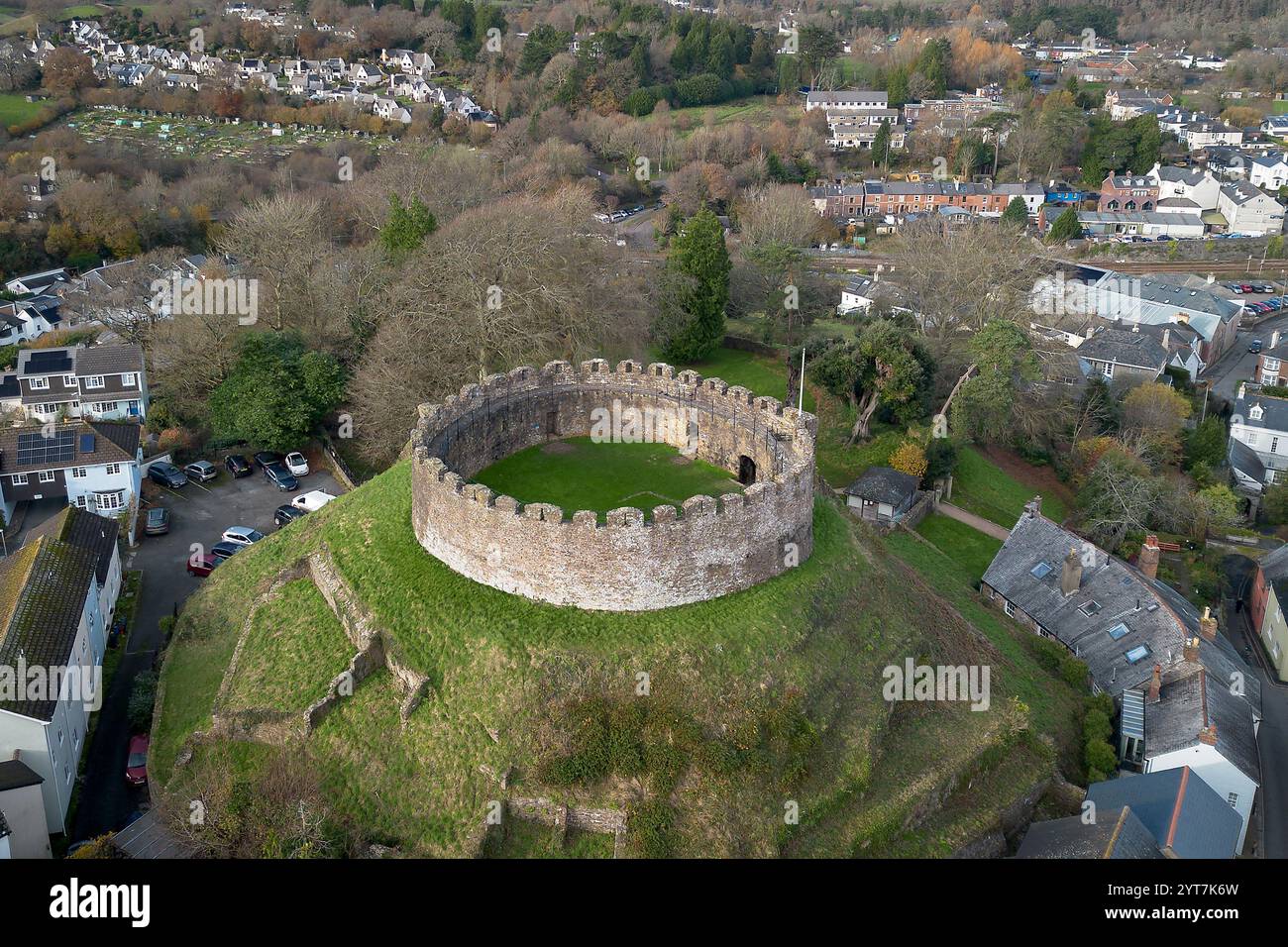 General view of Totnes castle, Totnes, South Hams, Devon, UK. The ...