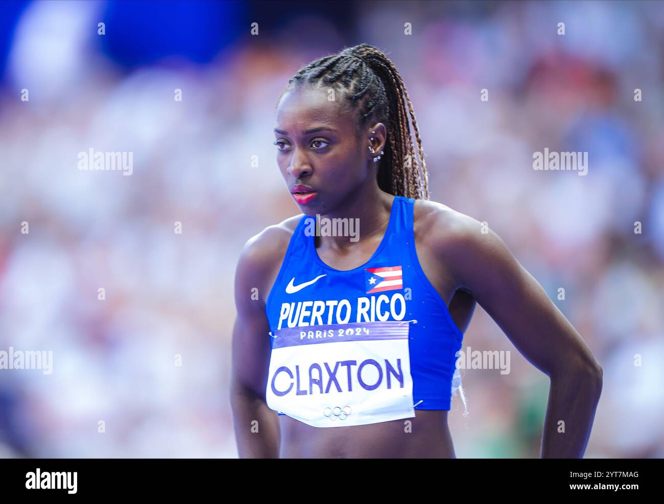 Grace Claxton participating in the 400 meters hurdles at the Paris 2024 ...