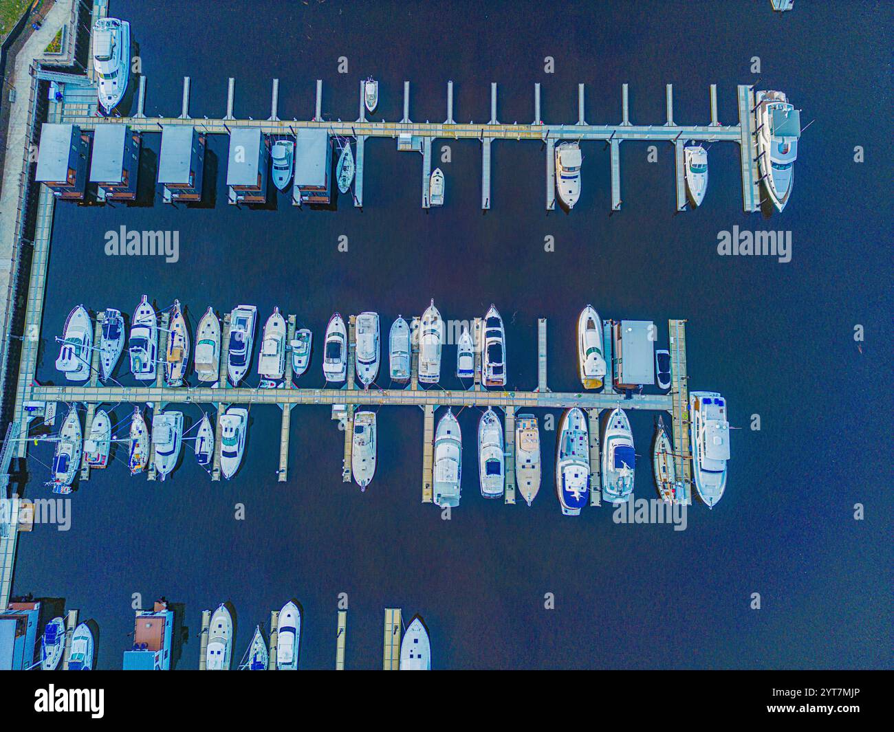 Rows of boats docks at the marina. A drone shot taken from about 200 ft ...