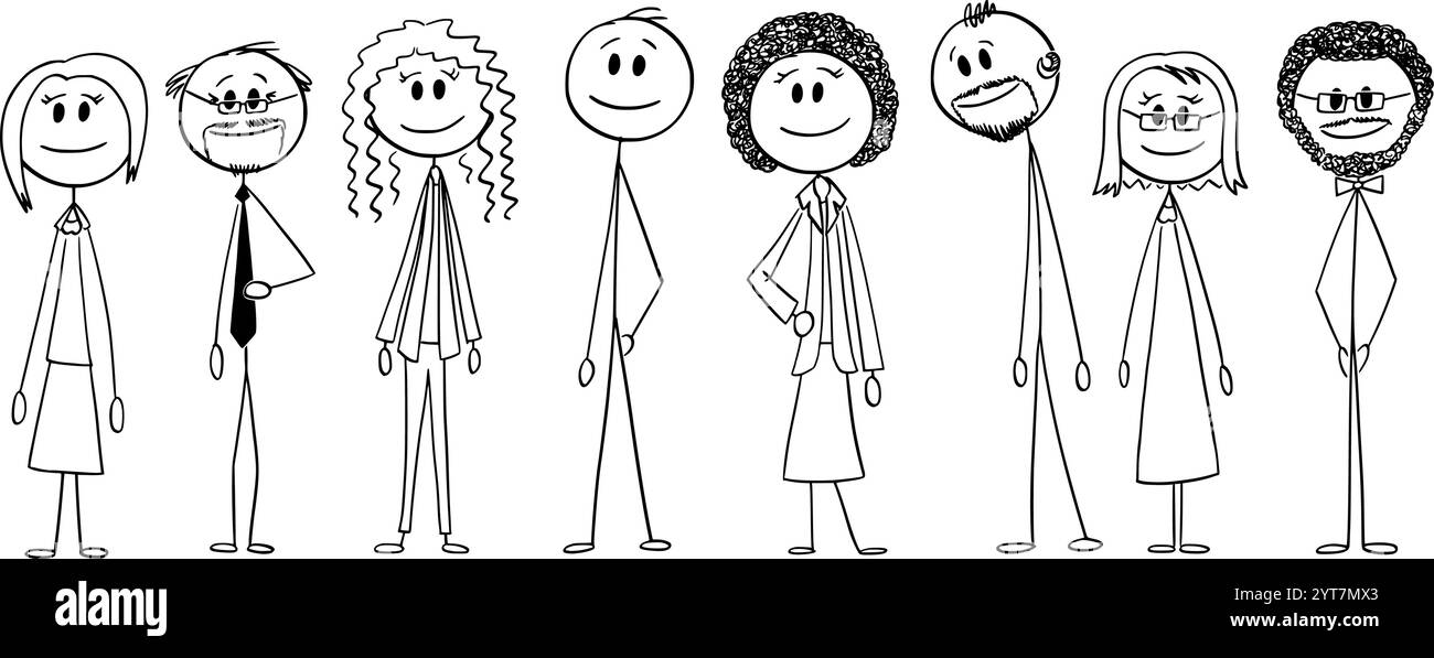 Big smiling multiracial diverse team, set, vector cartoon stick figure ...