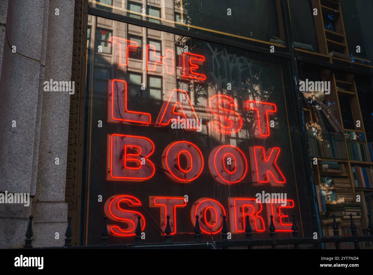 Neon Sign of The Last Book Store with Urban Reflection in Los Angeles ...