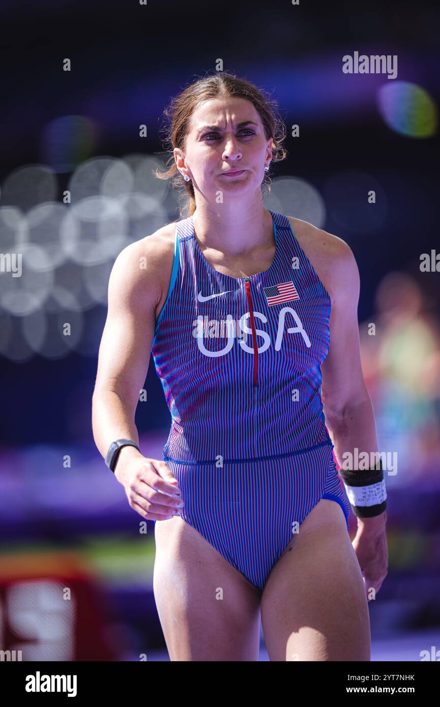 Bridget Williams participating in the pole vault at the Paris 2024 ...