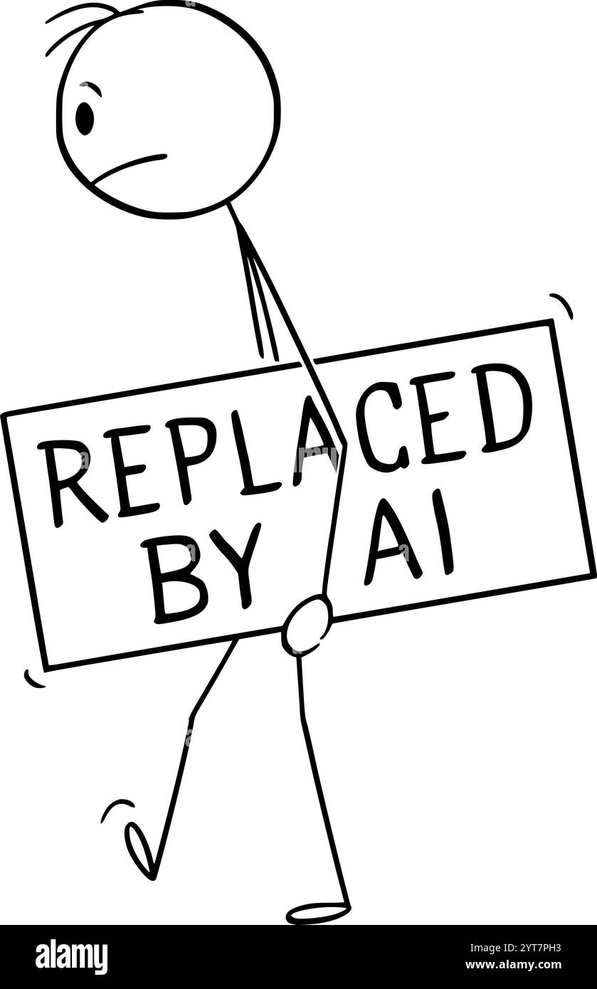 Worker replaced by artificial intelligence or ai in his job walking sad ...