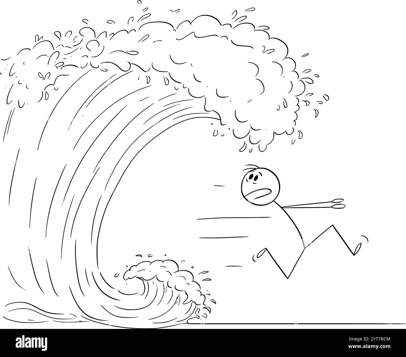 Person running away from wave , vector cartoon stick figure or ...