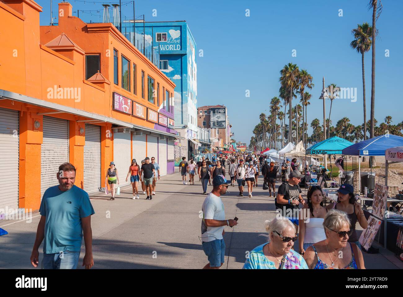 Venice Beach Boardwalk with Colorful Buildings and Palm Trees Stock ...
