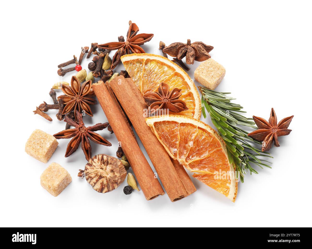 Different aromatic spices isolated on white, top view. Christmas season ...