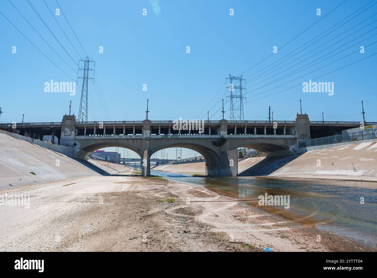 Los Angeles River with Concrete Embankments and Bridge Under Clear Sky ...