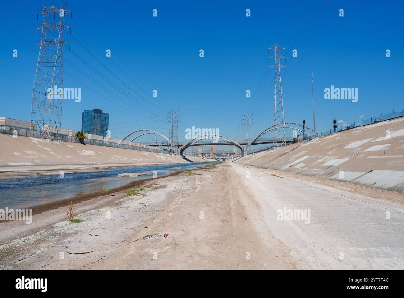 Los Angeles River with Sixth Street Viaduct and Electrical Towers Stock ...