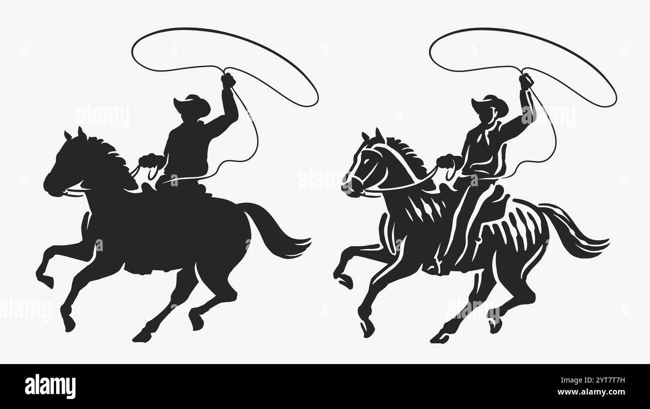 Cowboy with lasso on horse. Ranch, cattle breeding, rodeo symbol or ...