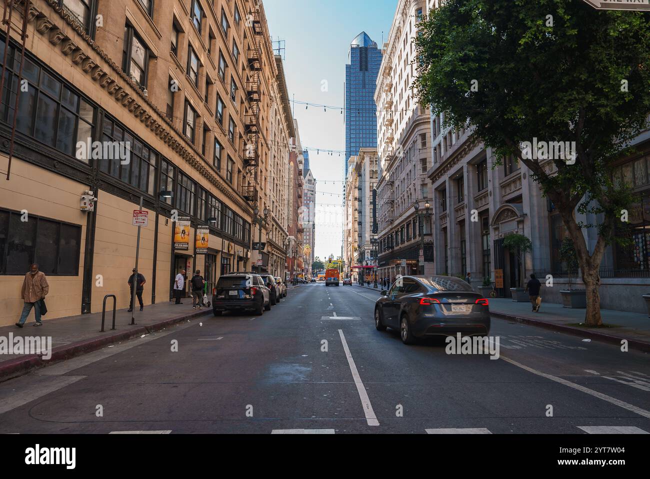 Downtown Los Angeles Street Scene with Skyscraper and String Lights ...