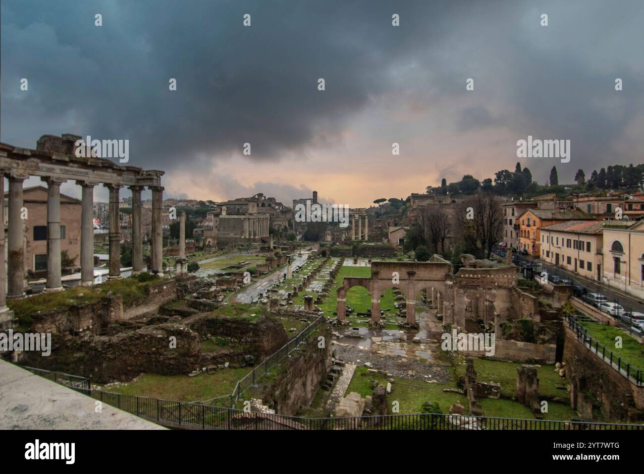 Rainy weather in the morning, sunrise in an ancient historical city. Beautiful details and ...