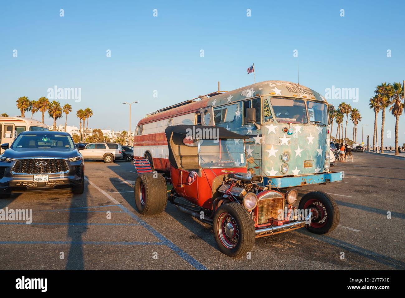 Customized Vintage Bus Hot Rod with American Flag Motif in Venice Beach ...