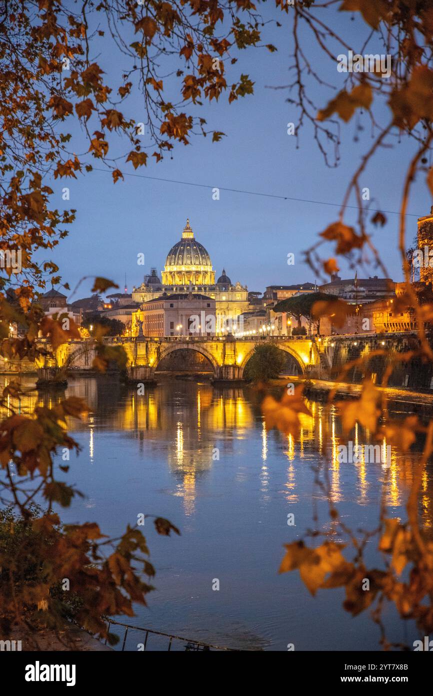 View over the river Tiber in a historic city. The old famous bridge ...