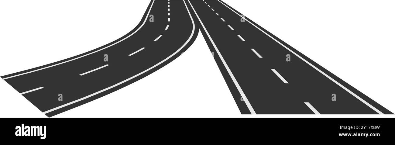 Two asphalt roads with white dashed lines are diverging in different ...