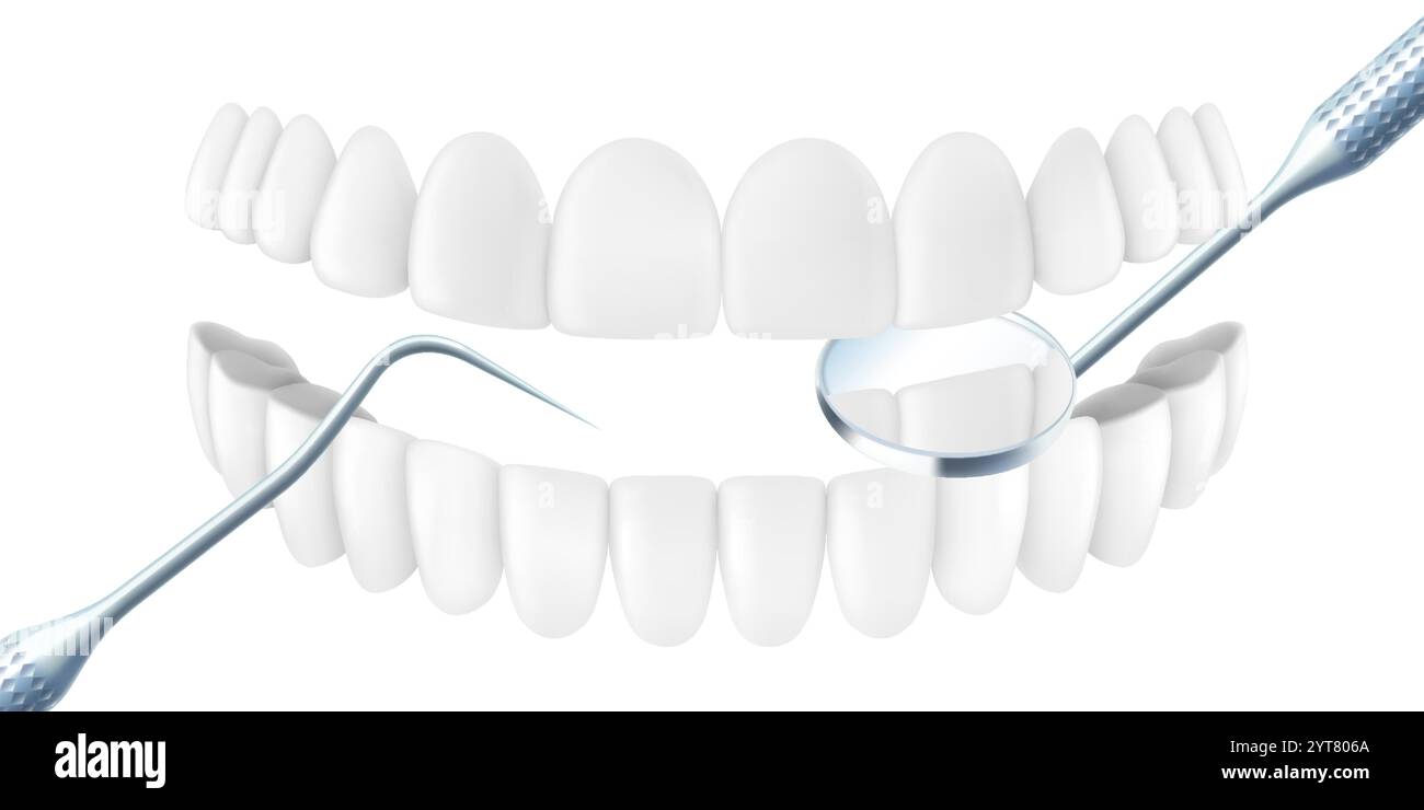 Teeth with dental scaler and stainless steel mouth mirror isolated on ...