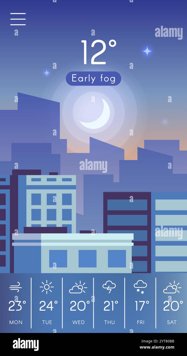Weather forecast app displaying early fog, 12 degrees celsius, a ...